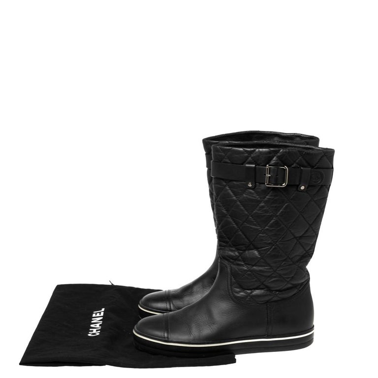 Chanel Black Textured Quilted Leather Buckle Embellished Mid Calf Boots ...