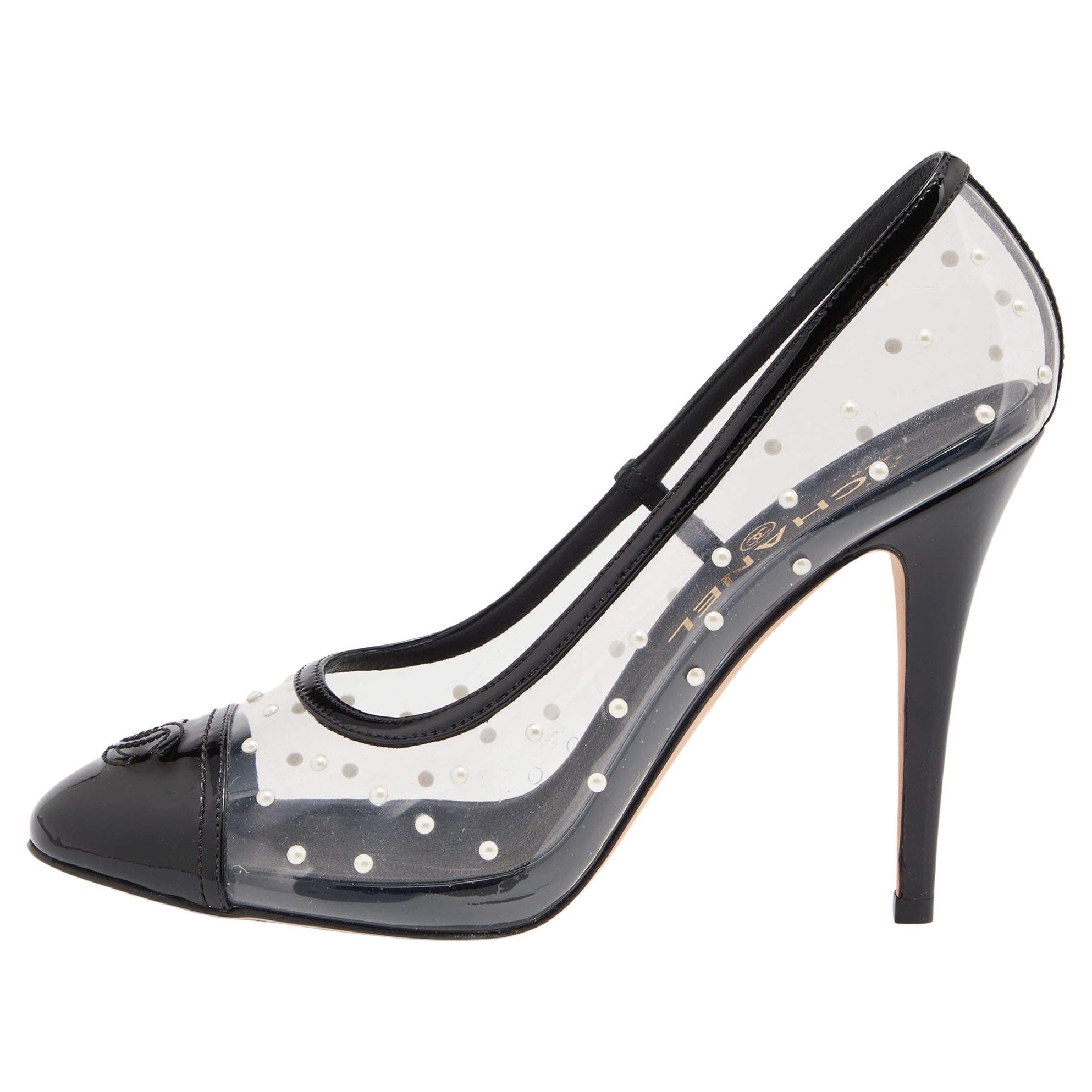 Chanel Black/Transparent Patent PVC Pearl Embellished Cap Toe Pumps ...