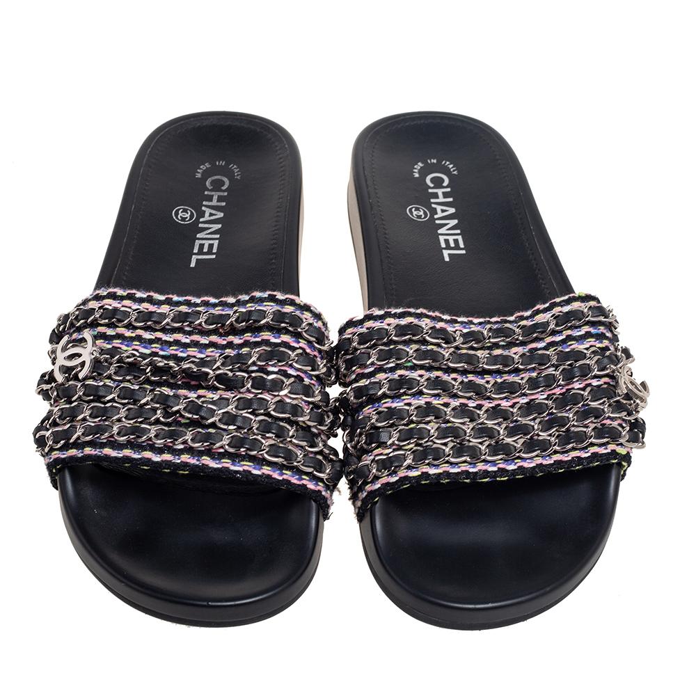 Chanel Black Tweed Tropiconic Chain Flat Slides Size 39 at 1stDibs ...