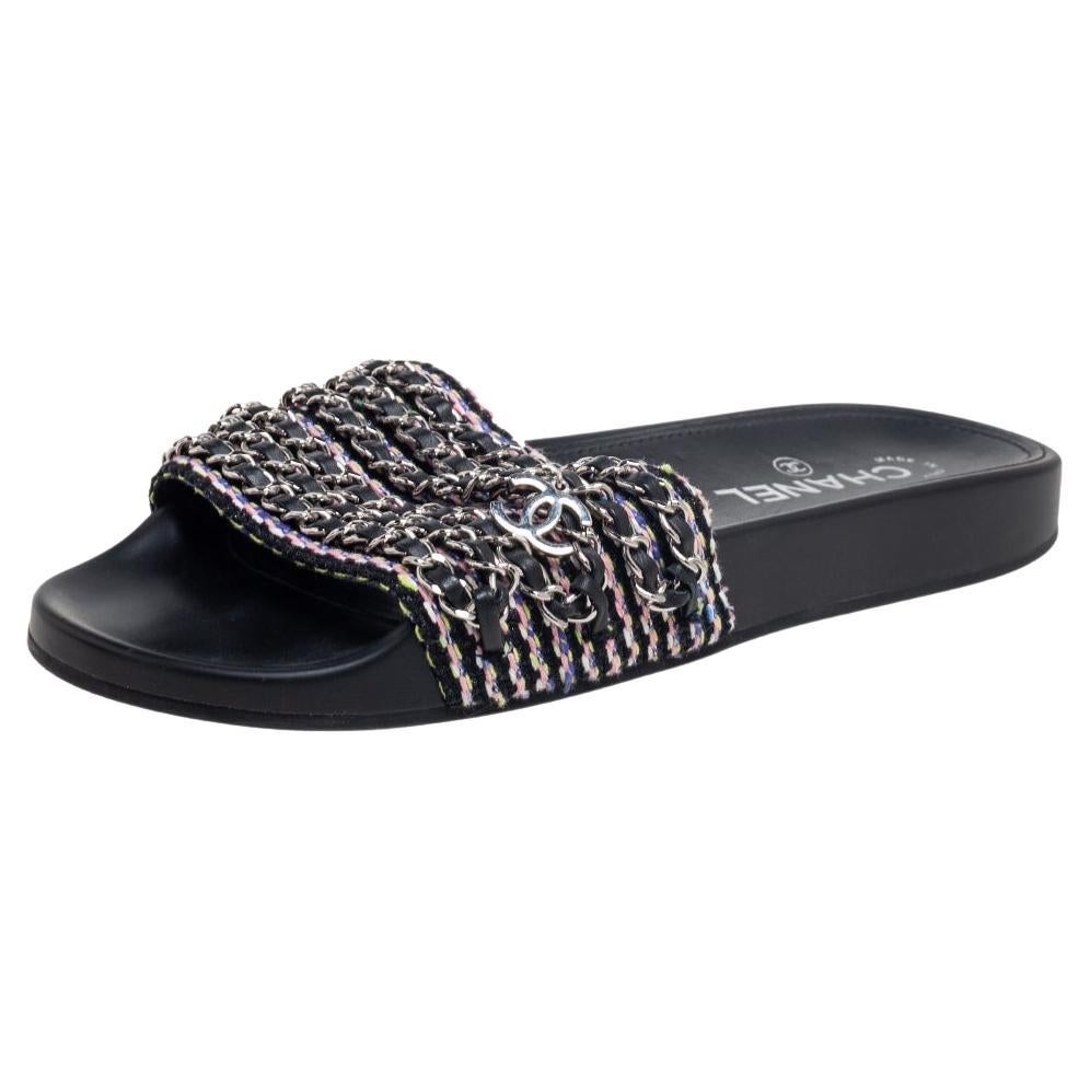 Chanel Black Tweed Tropiconic Chain Flat Slides Size 39 at 1stDibs ...