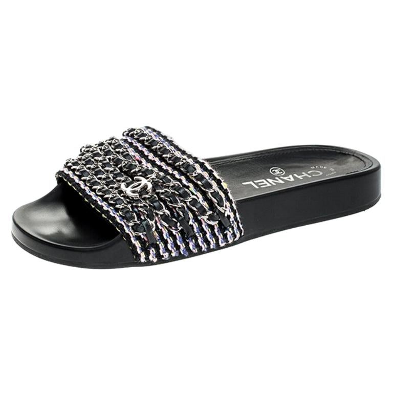 Chanel Black Tweed Tropiconic Chains Flat Slides Size 36 For Sale at ...