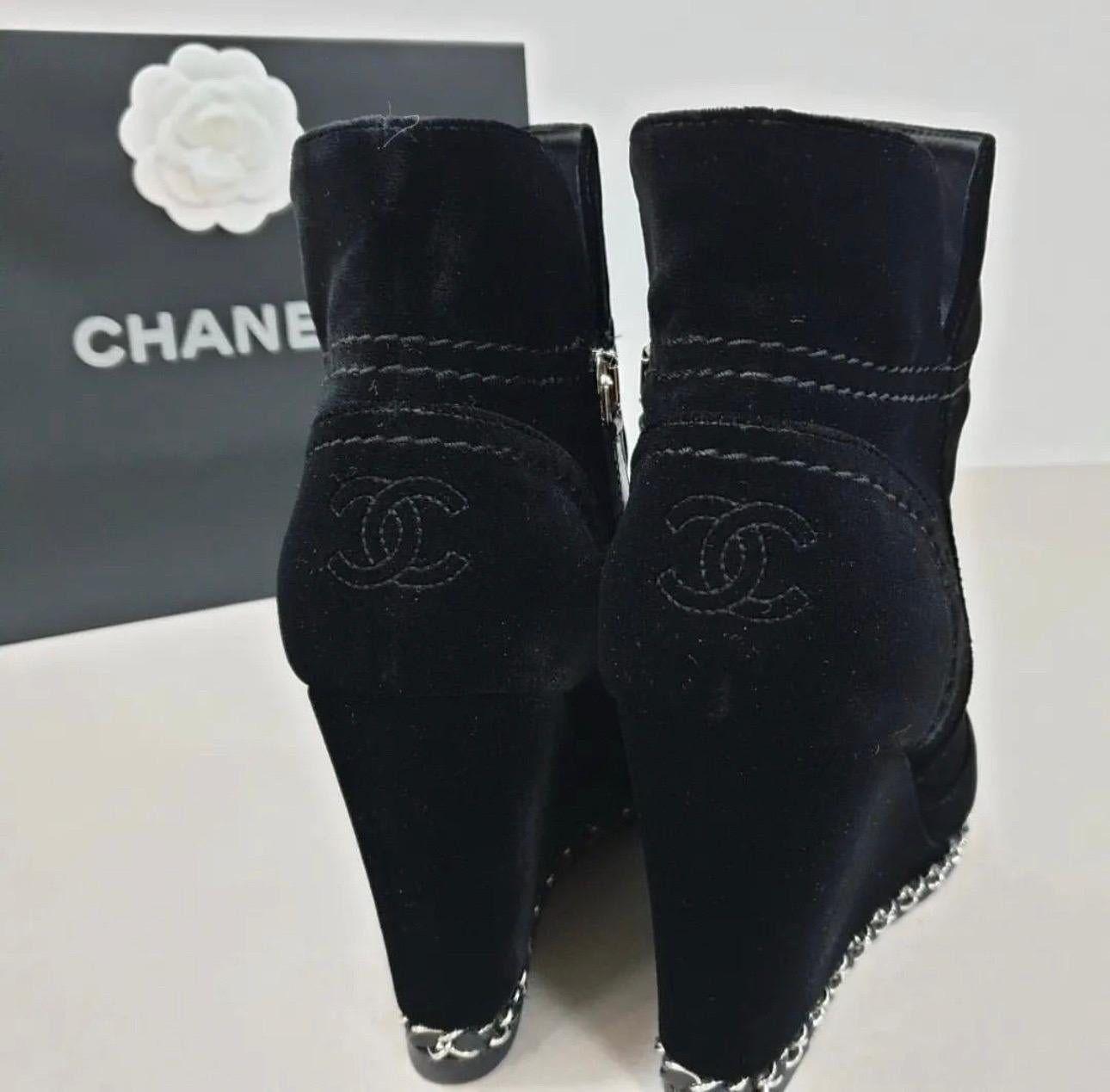 Chanel Black Velour Chain Wedge Boots For Sale at 1stDibs