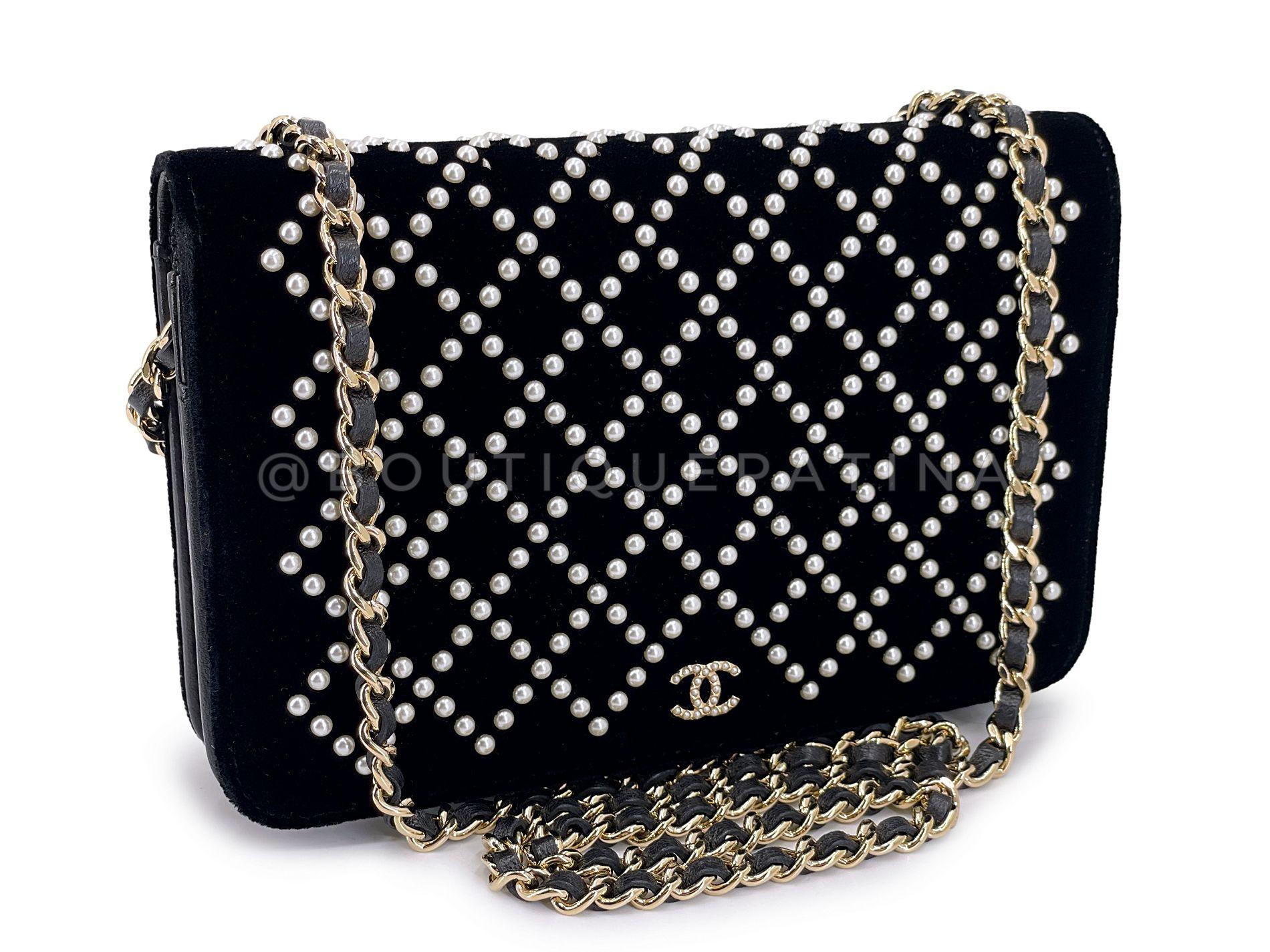 Chanel Black Velvet Pearl Studded Wallet on Chain WOC Evening Bag GHW ...