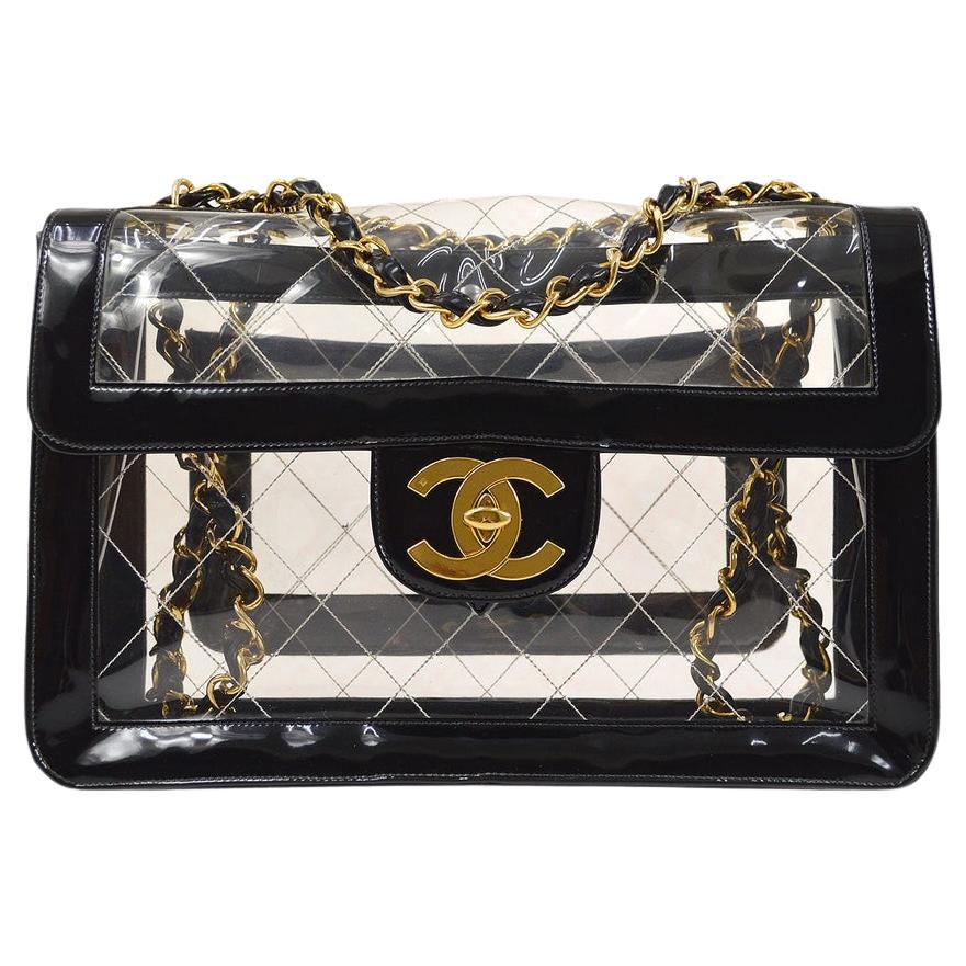 CHANEL Black Vinyl Clear PVC Gold Hardware Evening Maxi Shoulder Flap ...