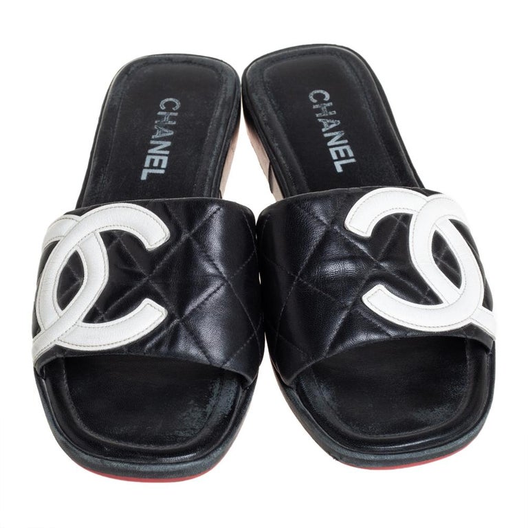 Chanel Black/White Leather CC Cambon Flat Slides Size 41.5 at 1stDibs