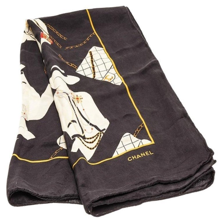 Chanel Black White Silk Chanel Scarf For Sale at 1stDibs