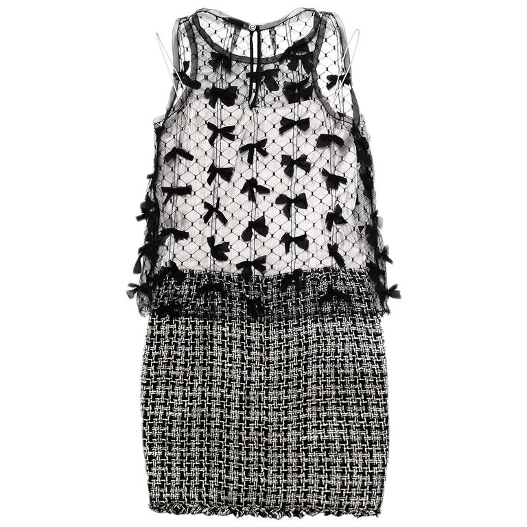 Chanel Black and White Tweed Dress w/ Mesh Overlay at 1stDibs
