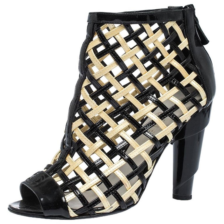 Chanel Black/White Woven Caged Open Toe Swirl Heel Booties Size 38.5 at ...