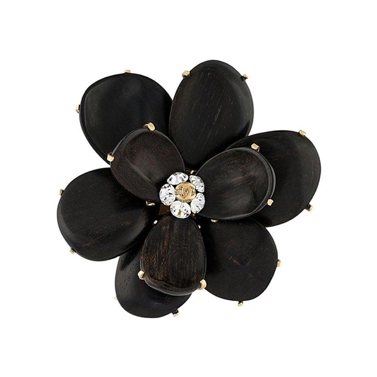 Chanel Black Wooden Flower Petals Brooch at 1stDibs