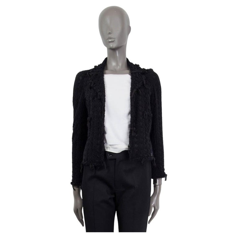 CHANEL black wool 2005 MESH and RIBBON TRIM OPEN TWEED Blazer Jacket 36 ...