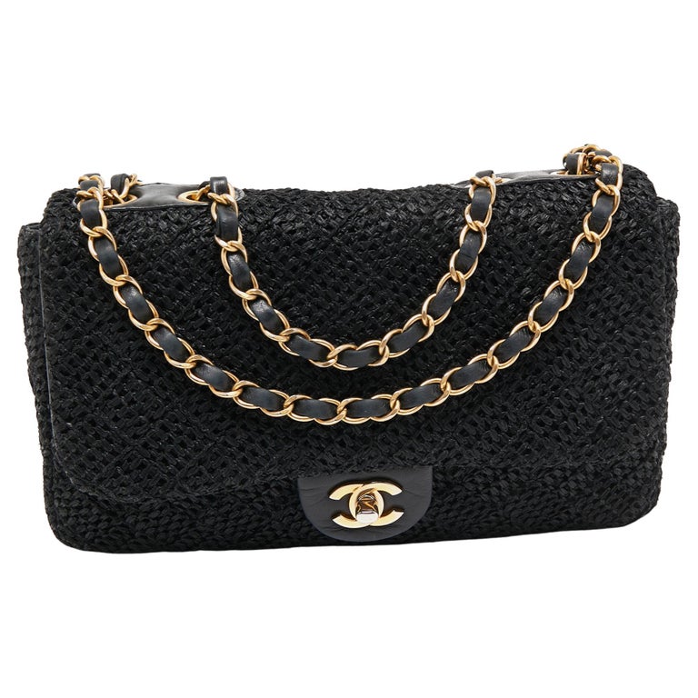 Chanel Black Woven Quilted Raffia and Leather Flap Handbag For Sale at ...