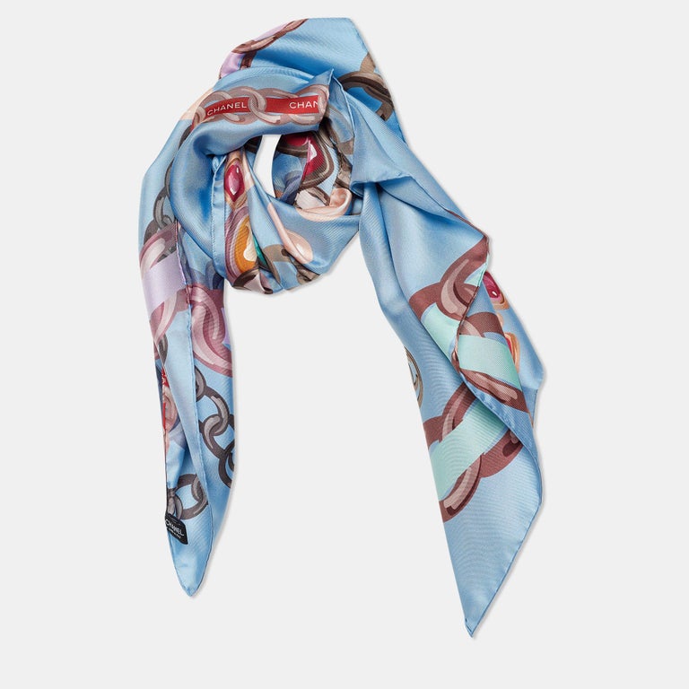 Chanel Blue Bag Chain Print Silk Scarf For Sale at 1stDibs