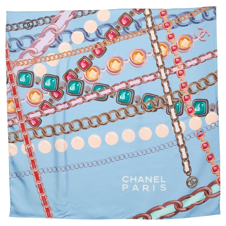 Chanel Blue Bag Chain Print Silk Scarf For Sale at 1stDibs