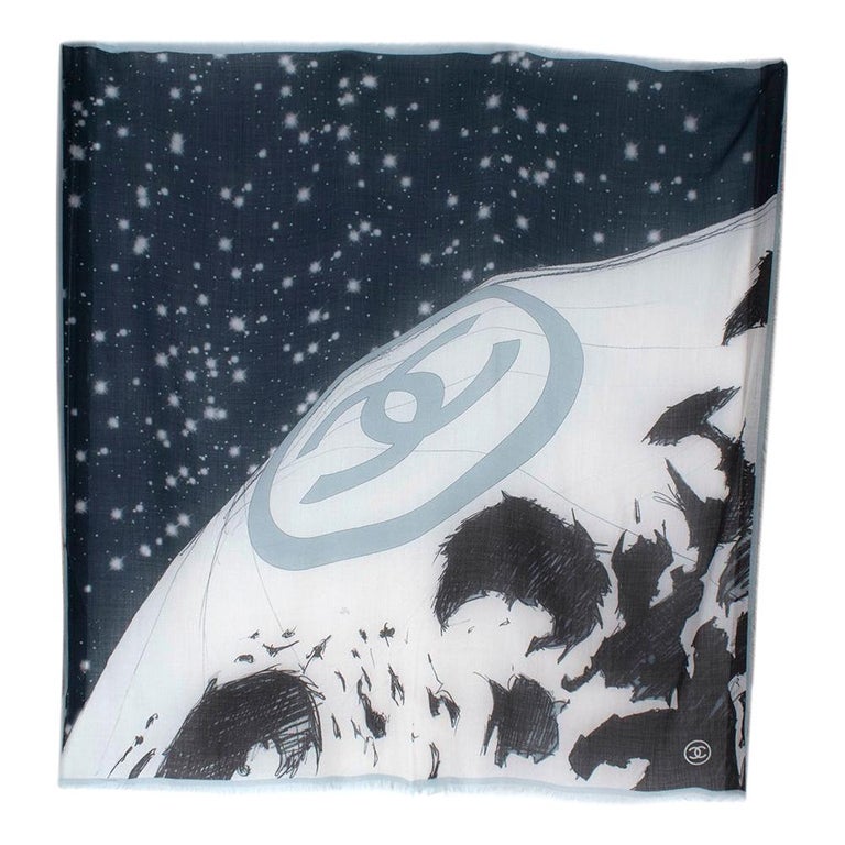 Chanel Blue and Black CC Moon Sketch Cashmere Shawl For Sale at 1stDibs