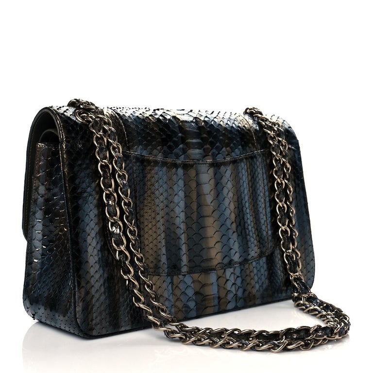 CHANEL Blue Bronze Black Snakeskin Exotic Leather Silver Jumbo Shoulder ...