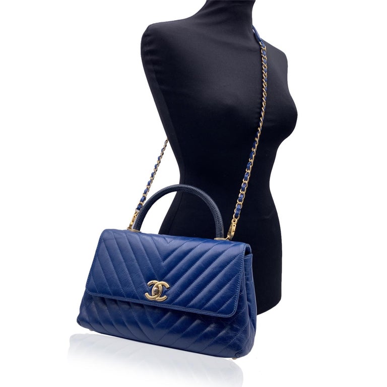 Chanel Blue Caviar Chevron Quilted Leather Coco Handle Flap Blue For ...