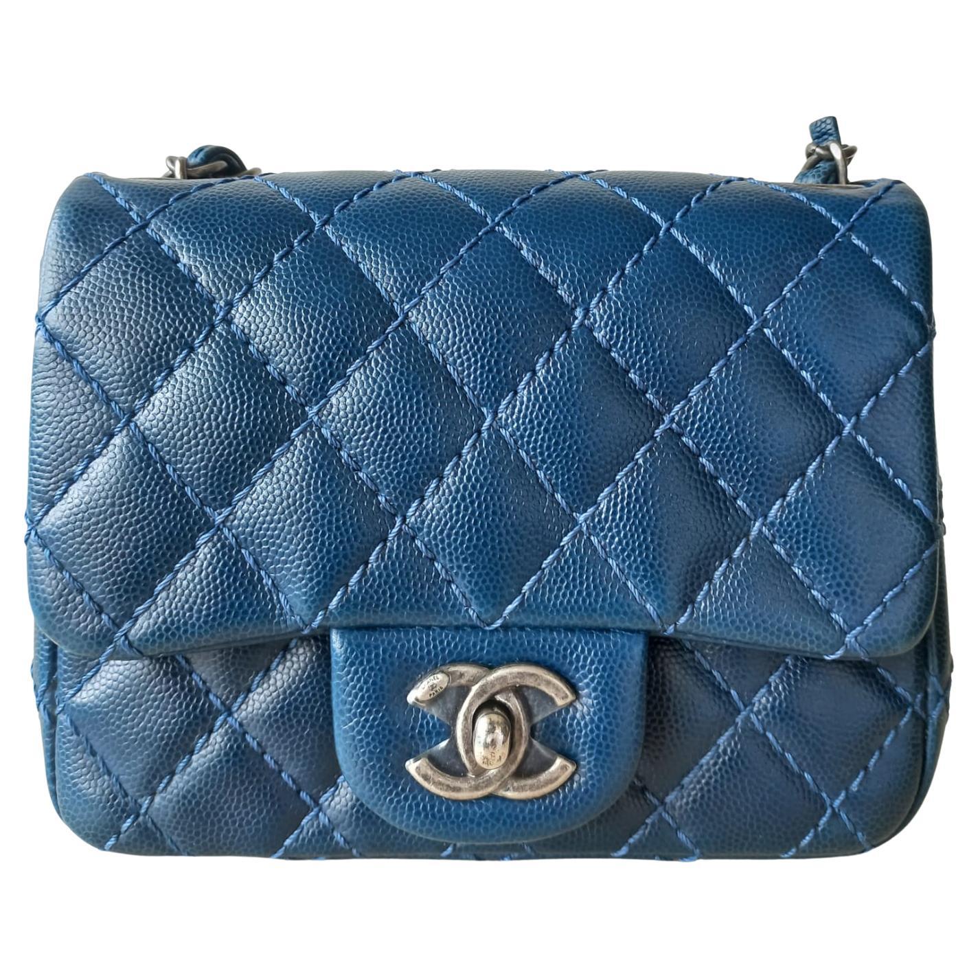 Chanel Blue Caviar Quilted Leather Mini Square Flap Bag For Sale at 1stDibs