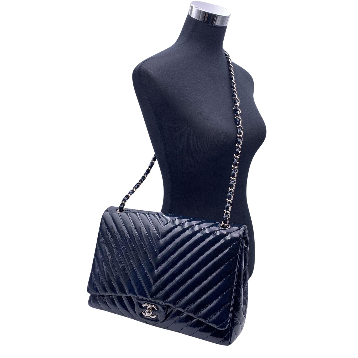 Chanel Blue Chevron Patent Leather Maxi Timeless Single Flap Bag For ...