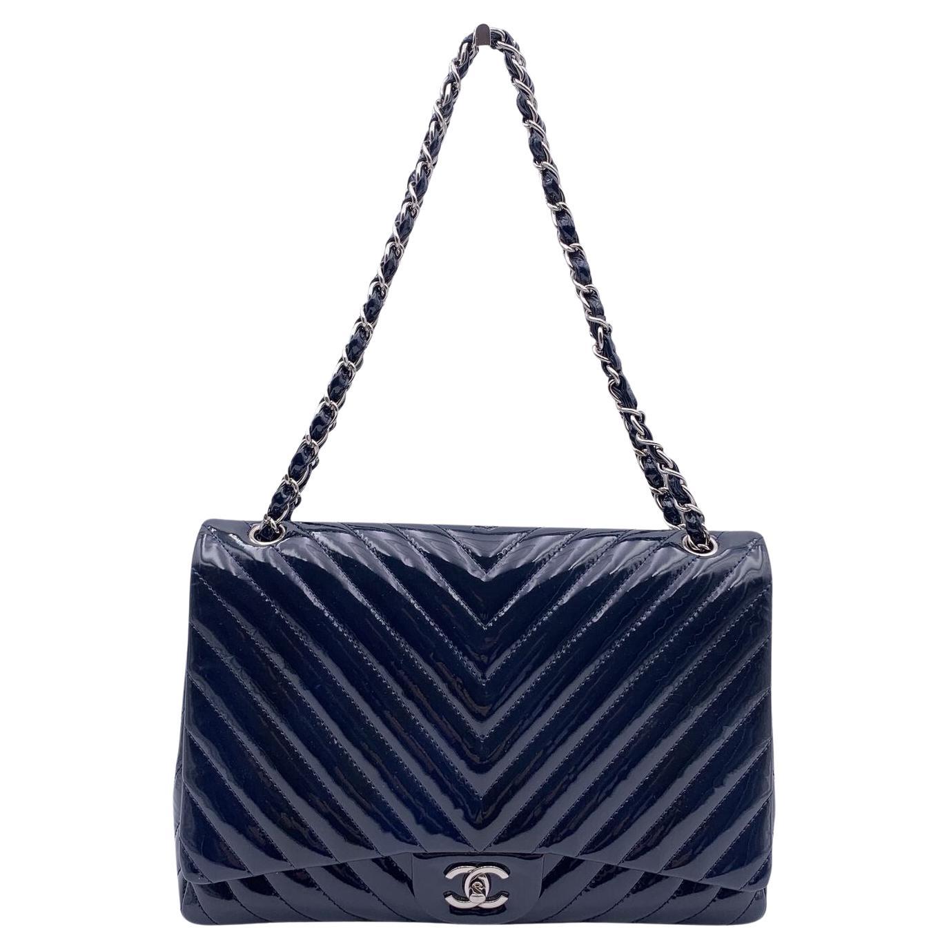 Chanel Blue Chevron Patent Leather Maxi Timeless Single Flap Bag For ...