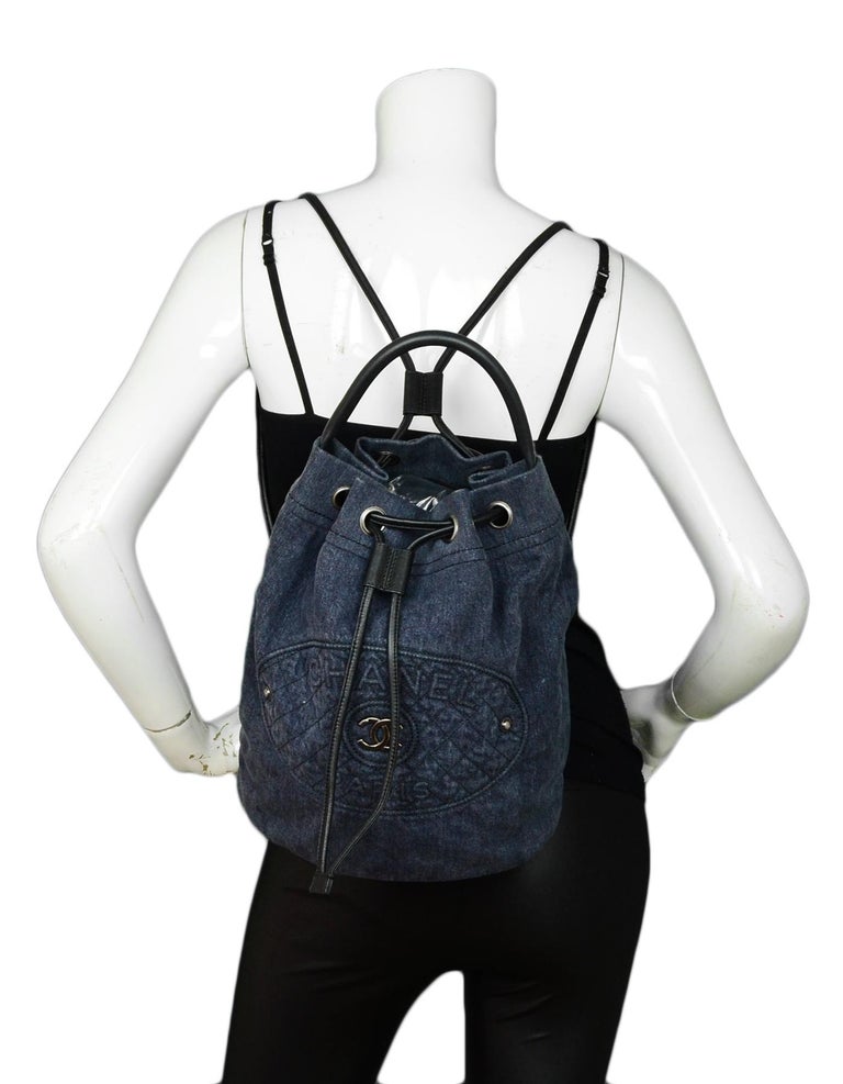 Chanel Blue Denim 2017 Drawstring Convertible Backpack Bucket Bag For ...