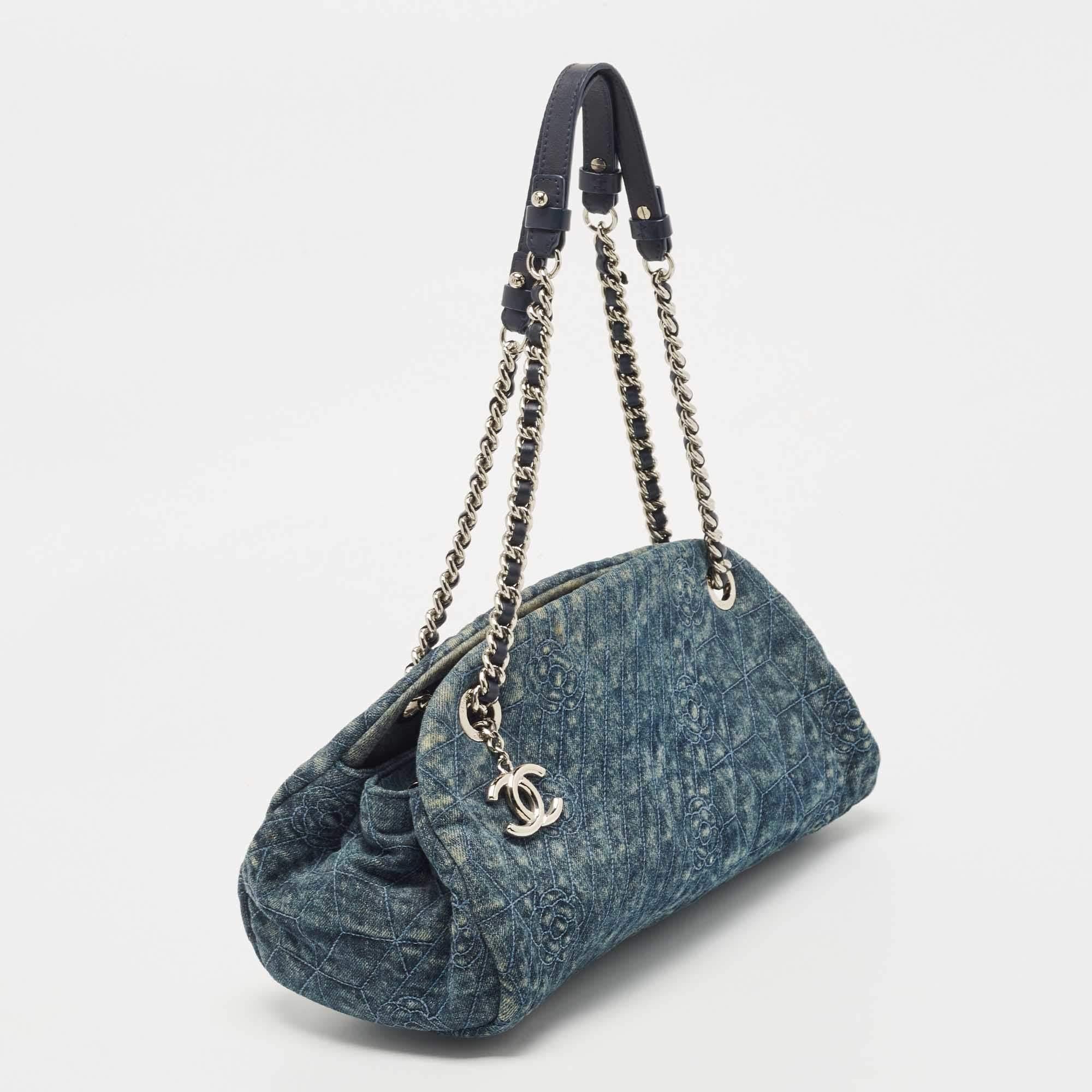 Chanel Blue Denim Camellia Medium Just Mademoiselle Bowler Bag For Sale ...