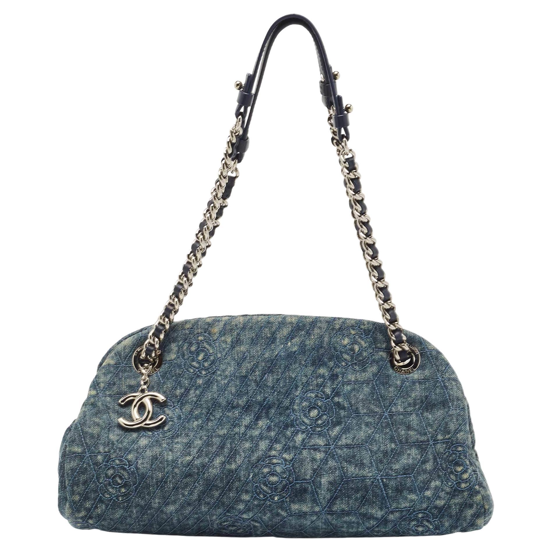 Chanel Blue Denim Camellia Medium Just Mademoiselle Bowler Bag For Sale ...