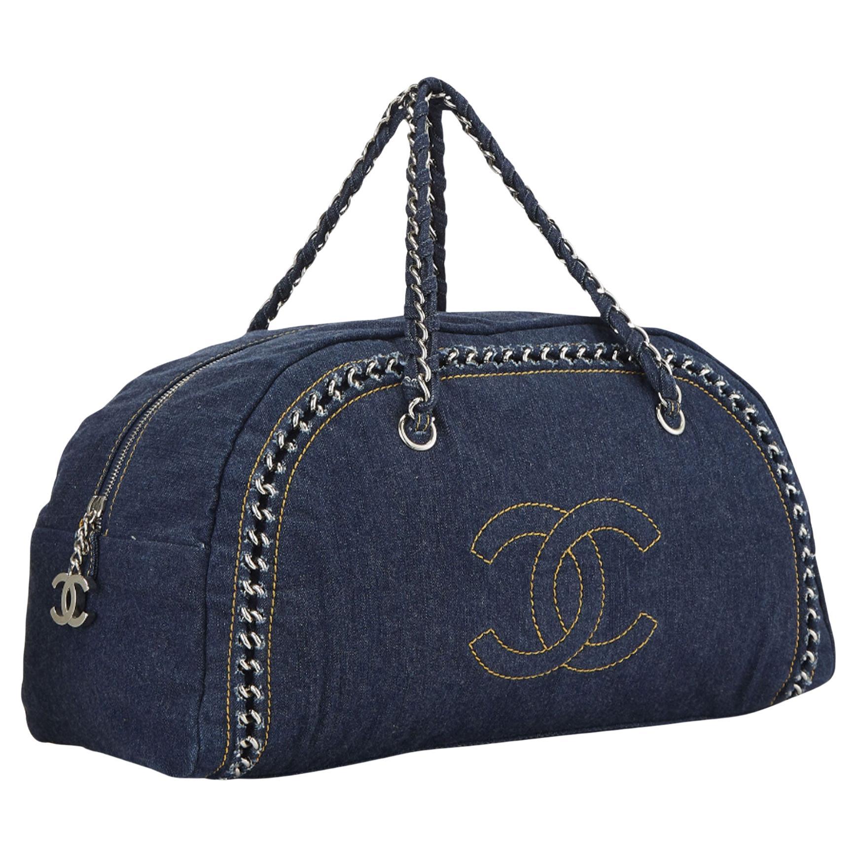 Chanel Blue Denim Luxury Ligne Bowling Bag Medium Satchel For Sale at ...