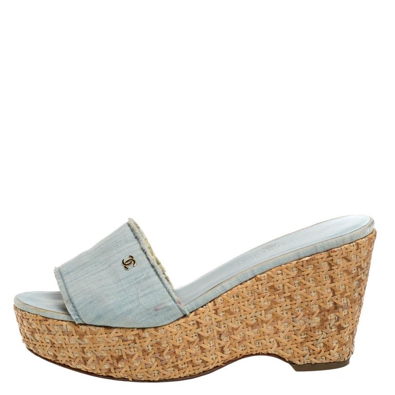 Chanel Blue Denim Open Toe Raffia Wedge Slide Sandals Size 38.5 at 1stDibs