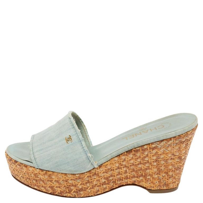 Chanel Blue Fabric Open Toe Raffia Wedge Platform Slide Sandals Size 39 ...