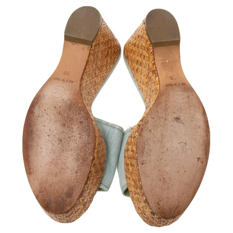 Chanel Blue Fabric Open Toe Raffia Wedge Platform Slide Sandals Size 39 ...