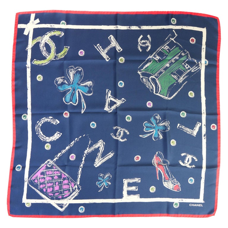 Chanel Blue Iconic Designs Silk Scarf at 1stDibs
