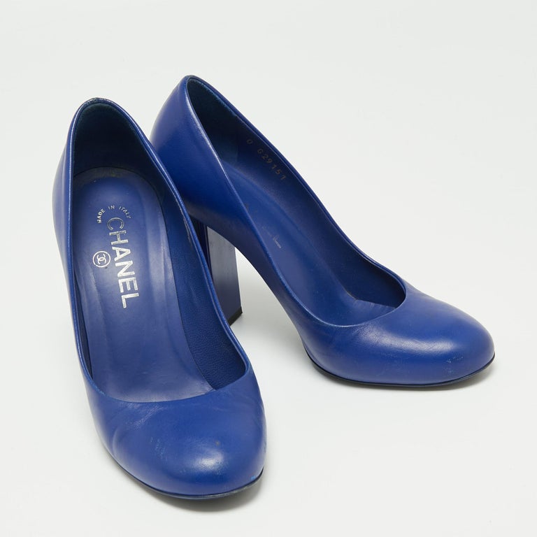 Chanel Blue Leather Round Toe Block Heel Pumps Size 38 For Sale at 1stDibs