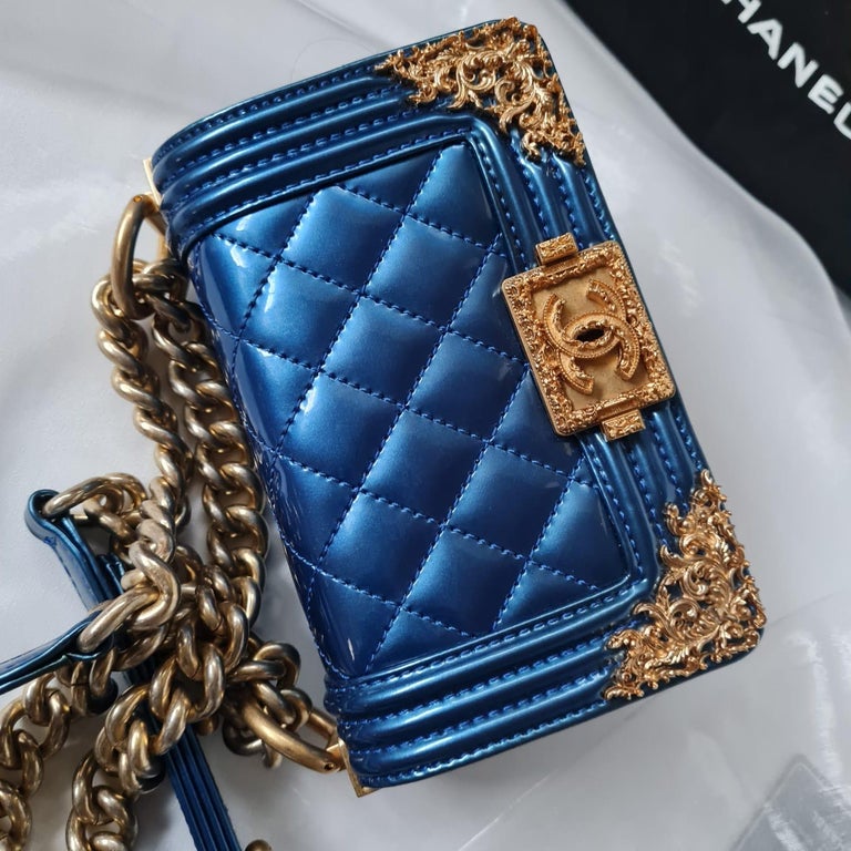 Chanel Blue Patent Quilted Mini Crossbody Boy Bag For Sale at 1stDibs