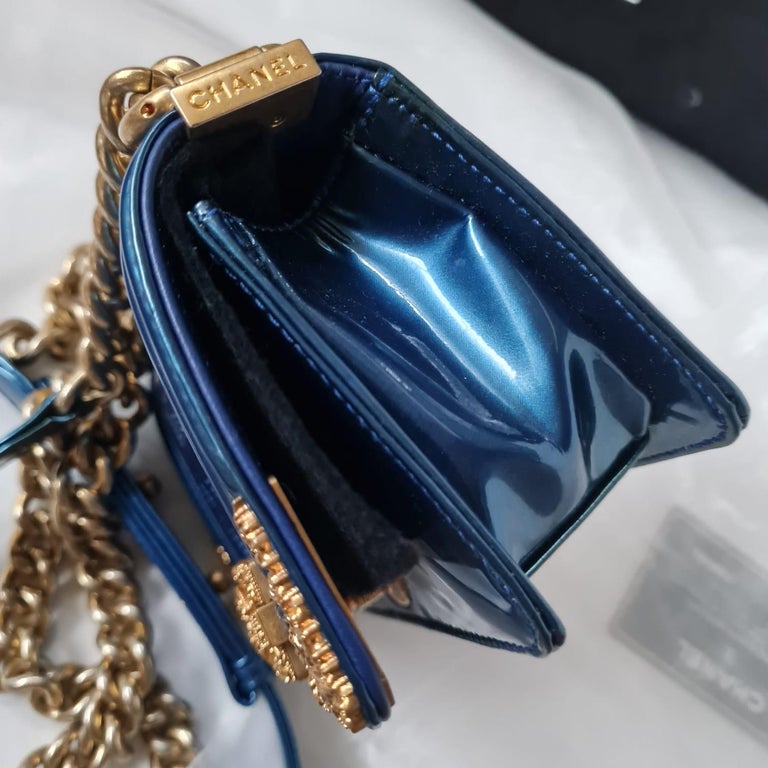Chanel Blue Patent Quilted Mini Crossbody Boy Bag For Sale at 1stDibs