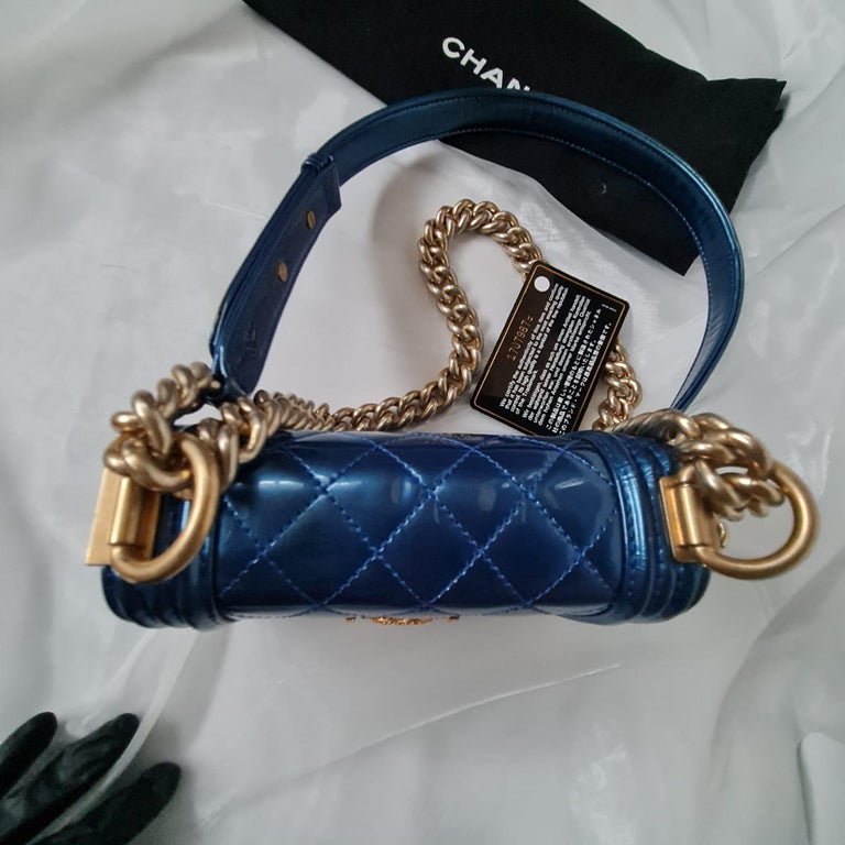 Chanel Blue Patent Quilted Mini Crossbody Boy Bag For Sale at 1stDibs