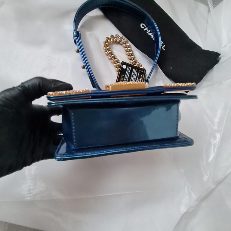 Chanel Blue Patent Quilted Mini Crossbody Boy Bag For Sale at 1stDibs