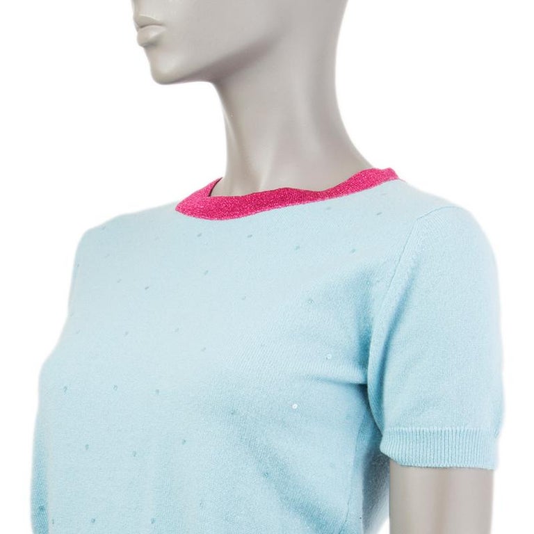 CHANEL blue and pink cashmere LUREX Short Sleeve Sweater 40 M at ...