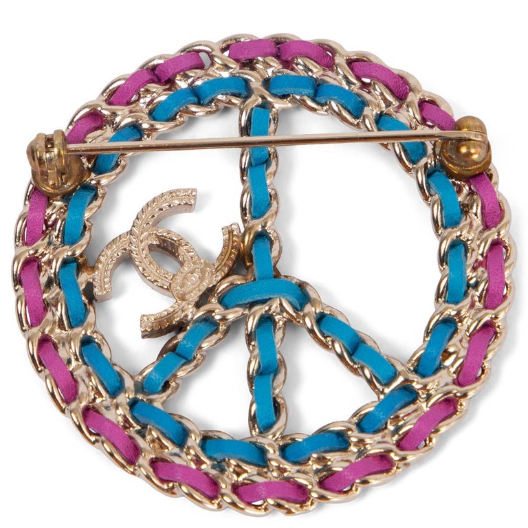 CHANEL blue and pink leather and chain 2018 18P PEACE SIGN Brooch For ...