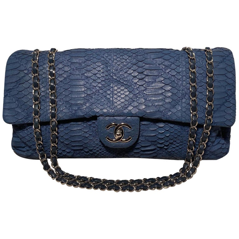 Chanel Blue Python Snakeskin XL Classic Flap Shoulder Bag at 1stDibs