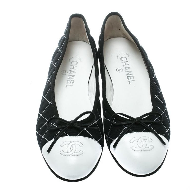 Chanel Blue Quilted Canvas With White CC Bow Cap Toe Ballet Flats Size ...