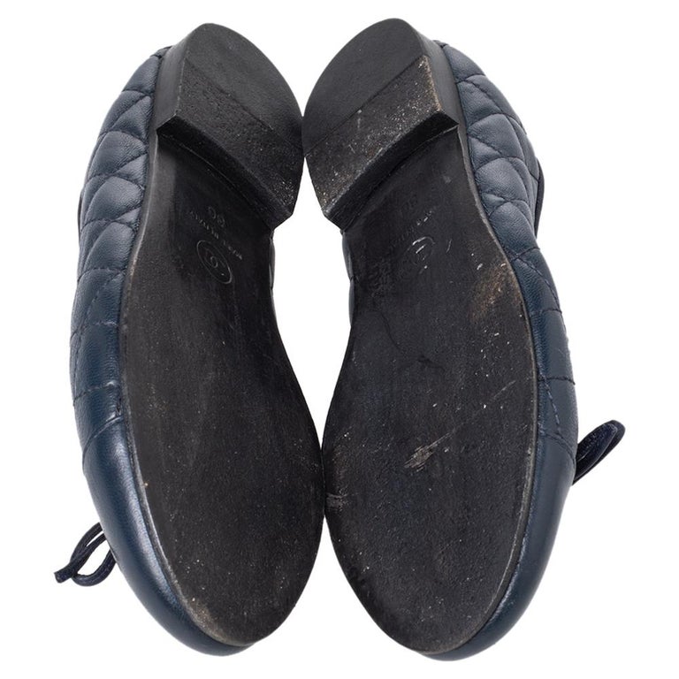 Chanel Blue Quilted Leather CC Bow Ballet Flats Size 36 at 1stDibs