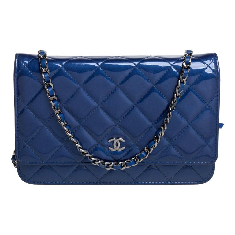 Chanel Blue Quilted Patent Leather Classic Wallet on Chain at 1stDibs