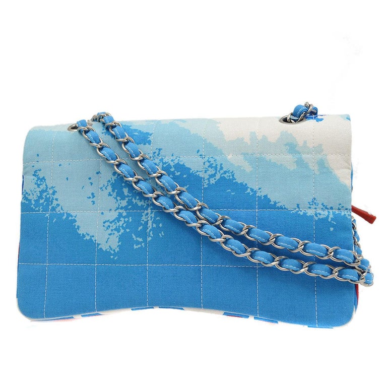 CHANEL Blue Red White Water Wave Silver Hardware Medium Shoulder Flap ...