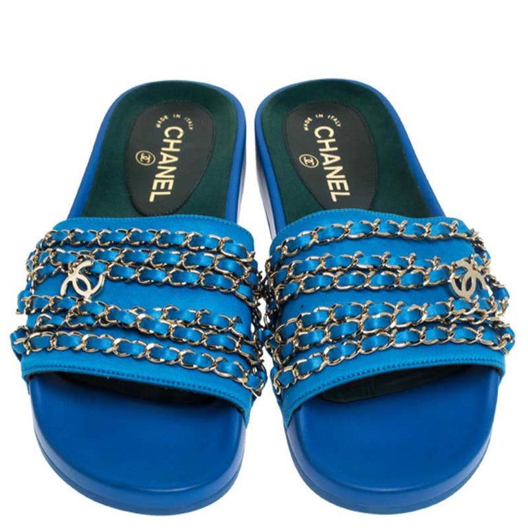 Chanel Blue Satin 17c Bright CC Gold Chain Slide Sandals Size 38 For ...
