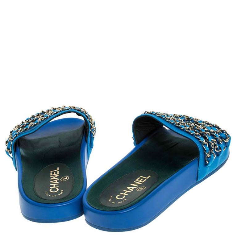 Chanel Blue Satin 17c Bright CC Gold Chain Slide Sandals Size 38 For ...