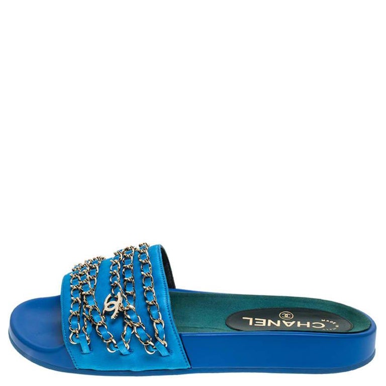 Chanel Blue Satin 17c Bright CC Gold Chain Slide Sandals Size 38 For ...