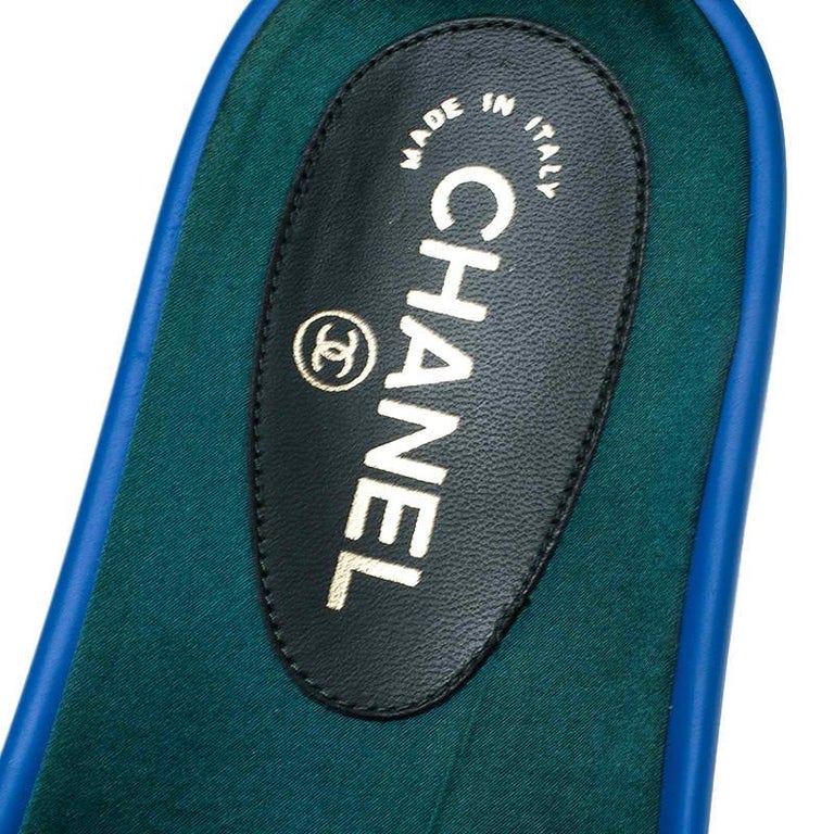 Chanel Blue Satin 17c Bright CC Gold Chain Slide Sandals Size 38 For ...