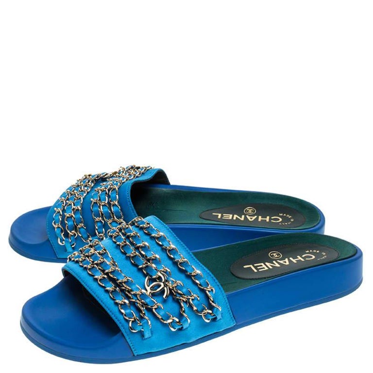 Chanel Blue Satin 17c Bright CC Gold Chain Slide Sandals Size 38 For ...