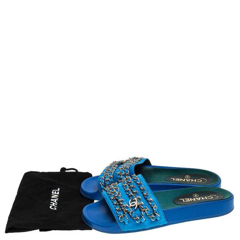 Chanel Blue Satin 17c Bright CC Gold Chain Slide Sandals Size 38 For ...
