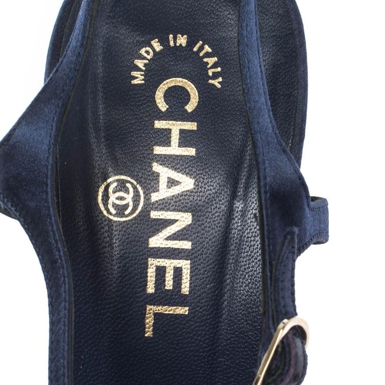 Chanel Blue Satin Flower Scrunch Peep Toe Ankle Strap Sandals Size 40 ...